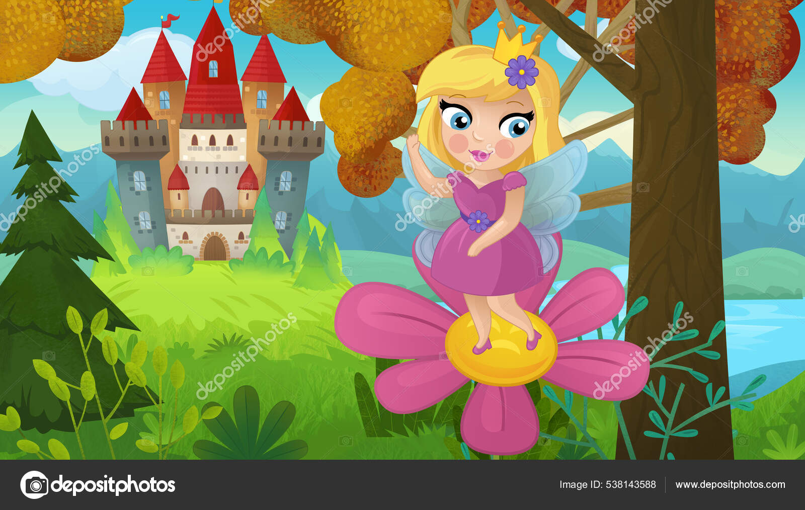 Cartoon Scene Nature Forest Princess Castle Illustration Children Stock ...