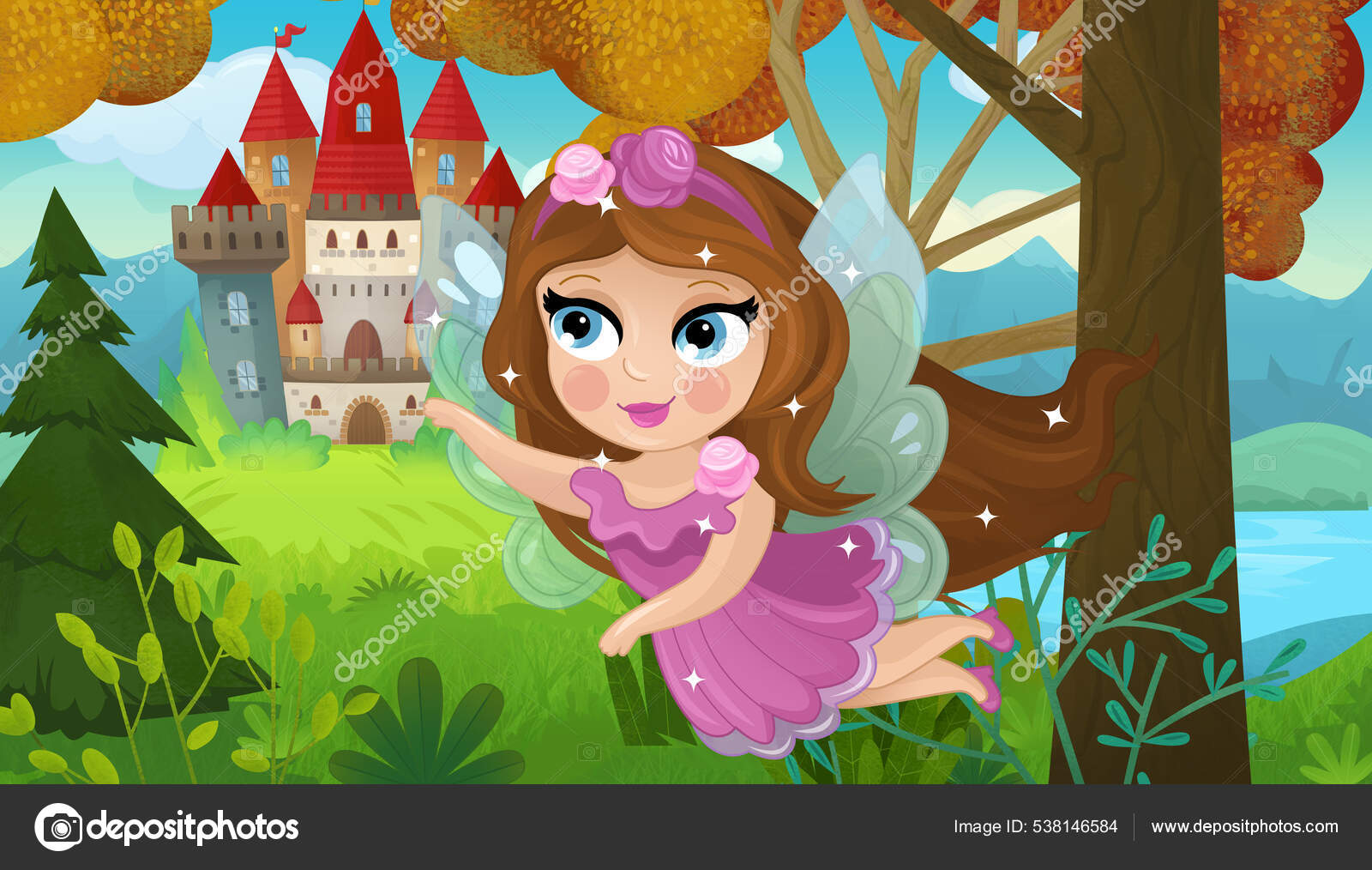 Cartoon Scene Nature Forest Princess Castle Illustration Children Stock ...