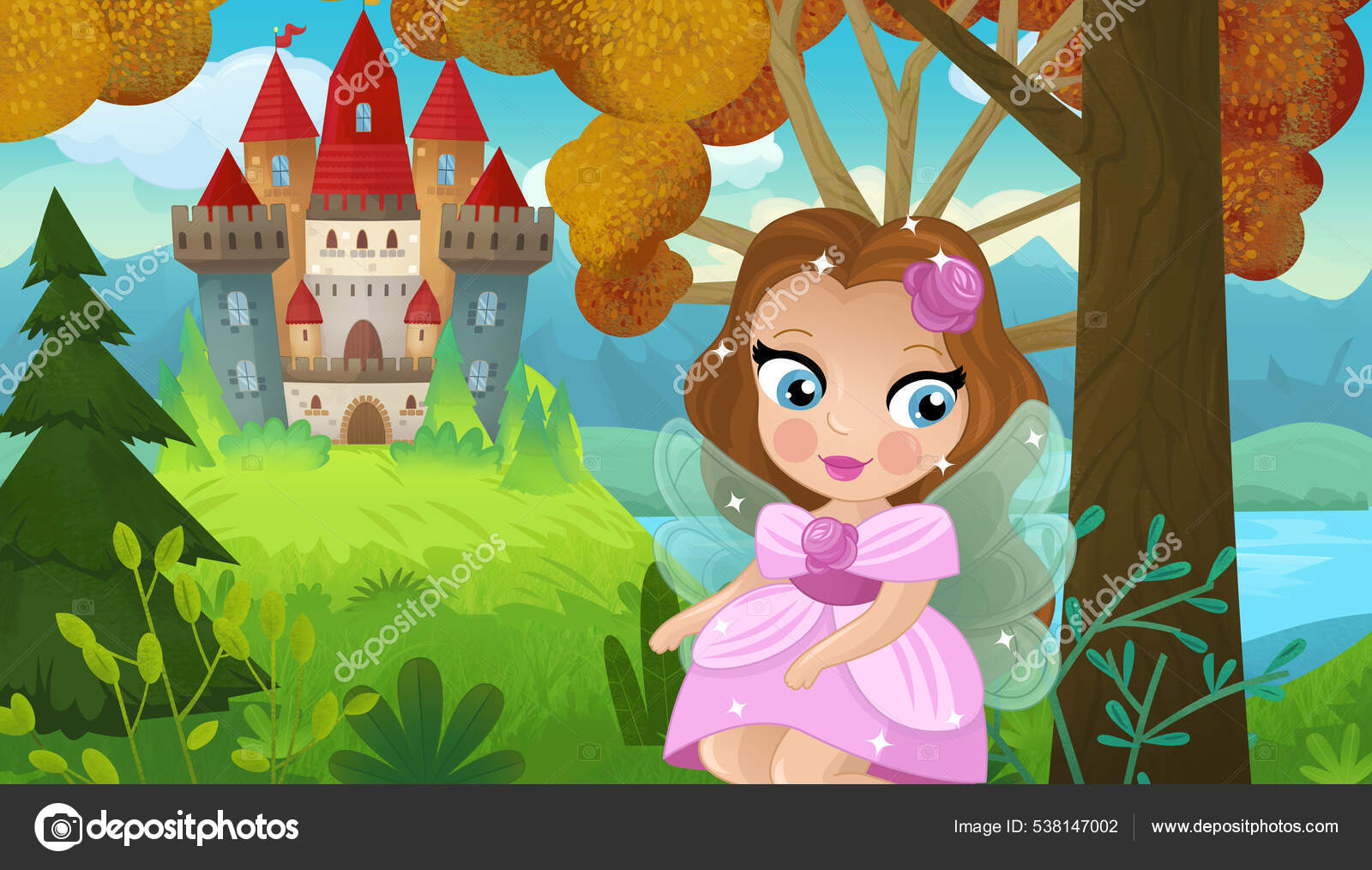 Cartoon Scene Nature Forest Princess Castle Illustration Children Stock ...