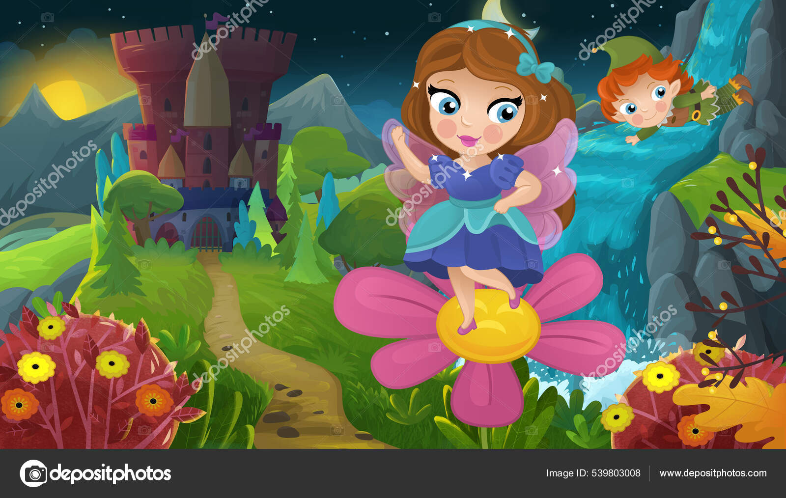 Cartoon Scene Nature Forest Princess Castle Illustration Children Stock ...