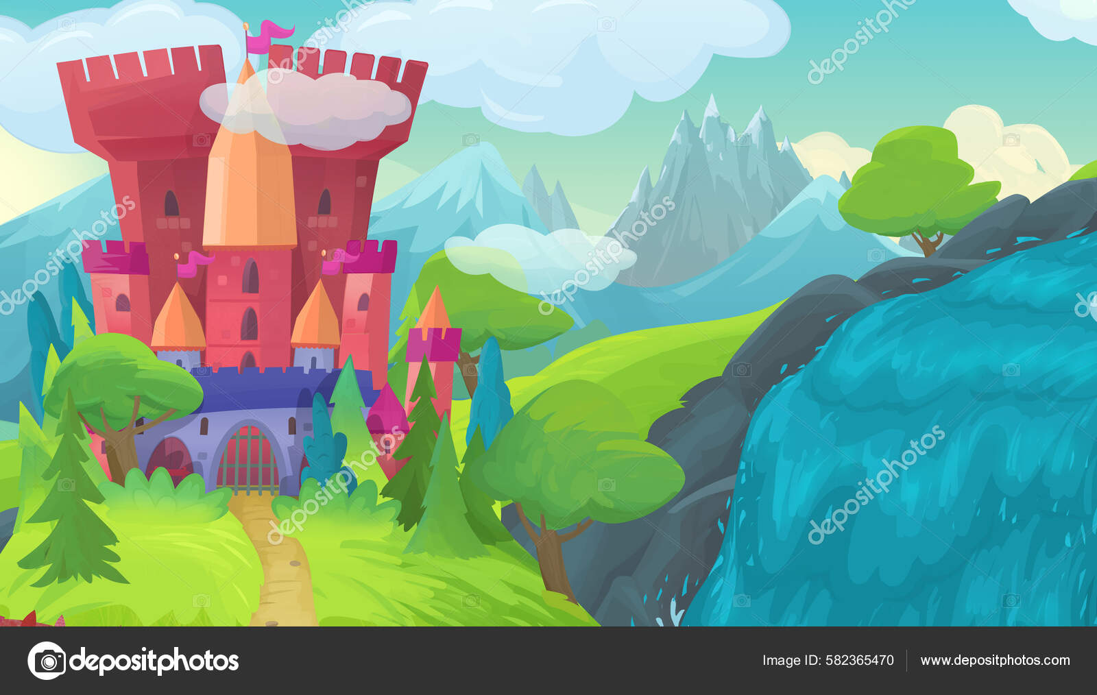Cartoon Nature Scene Beautiful Castle Forest Illustration Children ...
