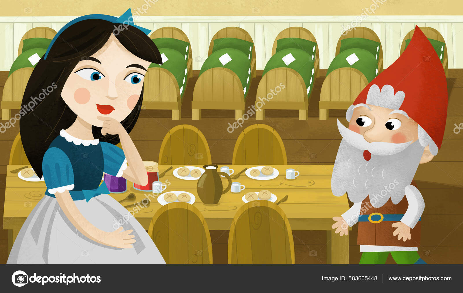 Cartoon Happy Scene Princess Dwarf Room Illustration Children ...