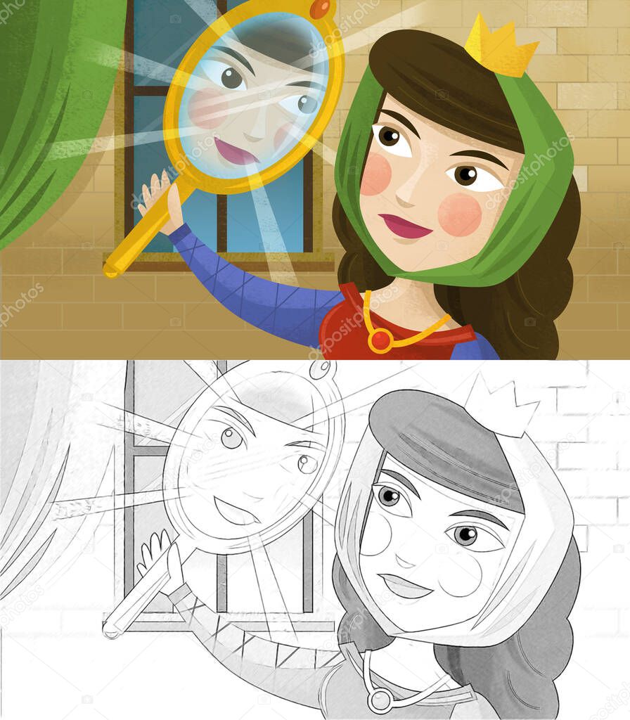 escena de dibujos animados con reina bruja en la sala del castillo ilustraci n para los ni os ...