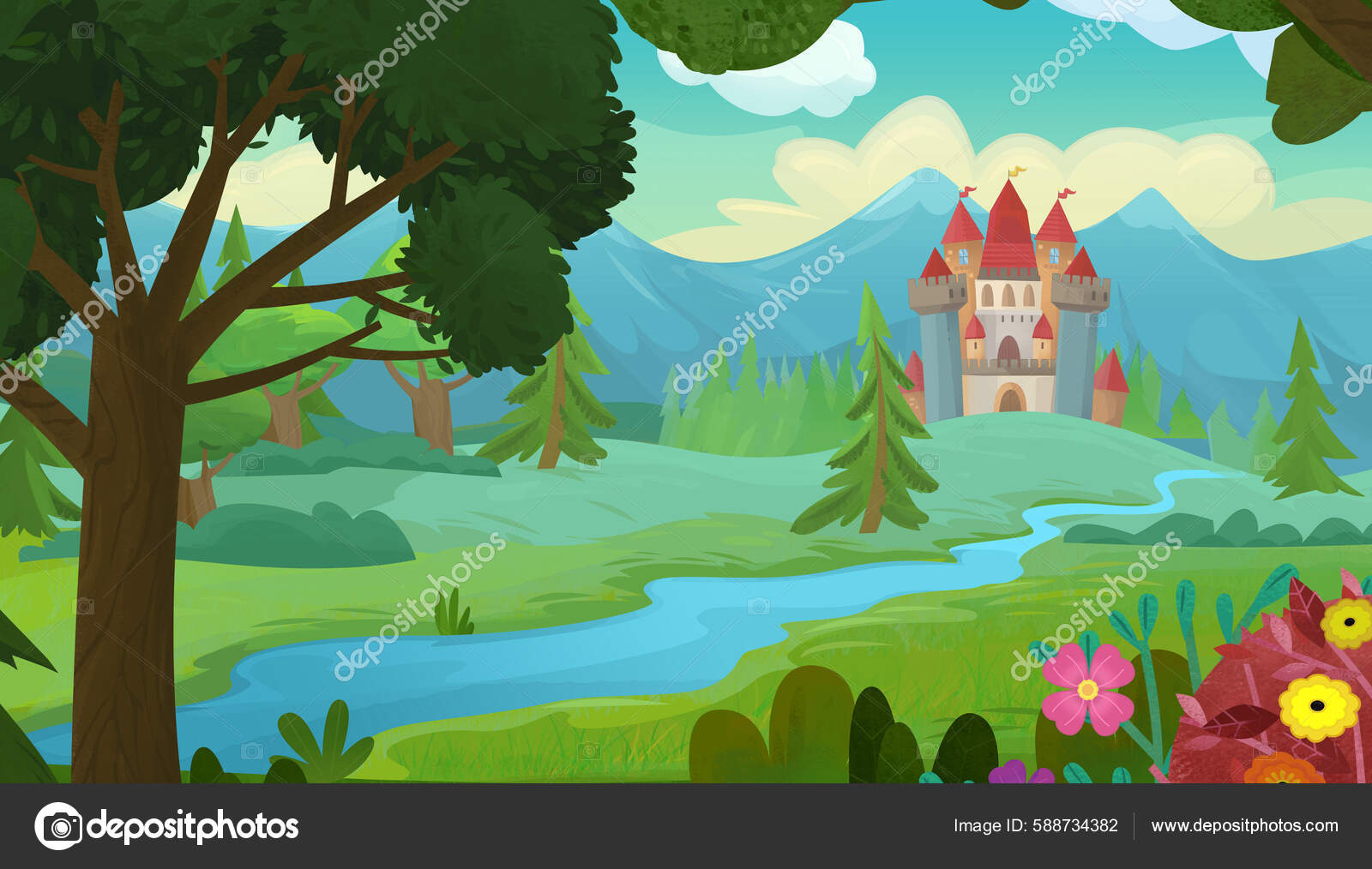 Cartoon Nature Scene Beautiful Castle Forest Illustration Children ...