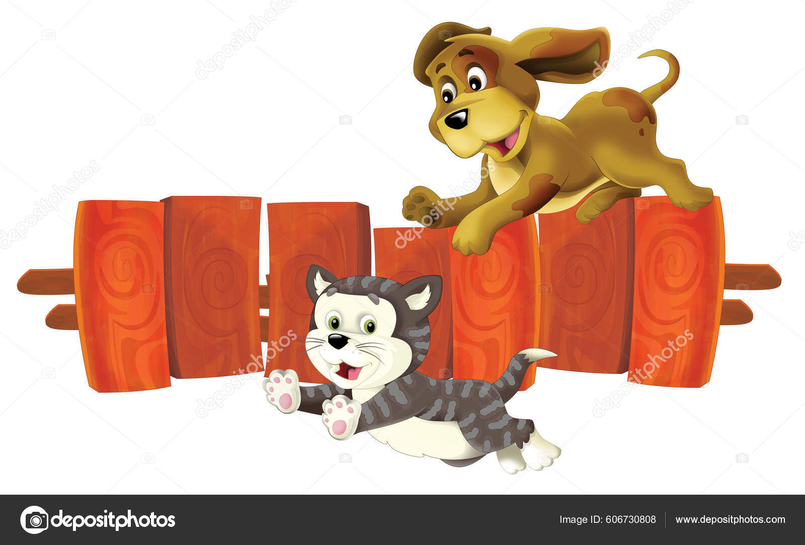 Cartoon Scene Dog Chasing Cat Fence Friends Isolated Illustration ...