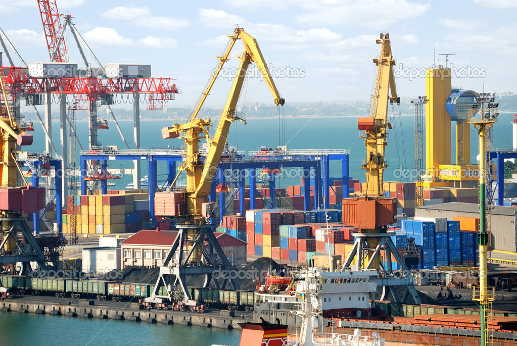 The trading seaport with cranes, cargoes and ship Stock Photo by ©soleg ...
