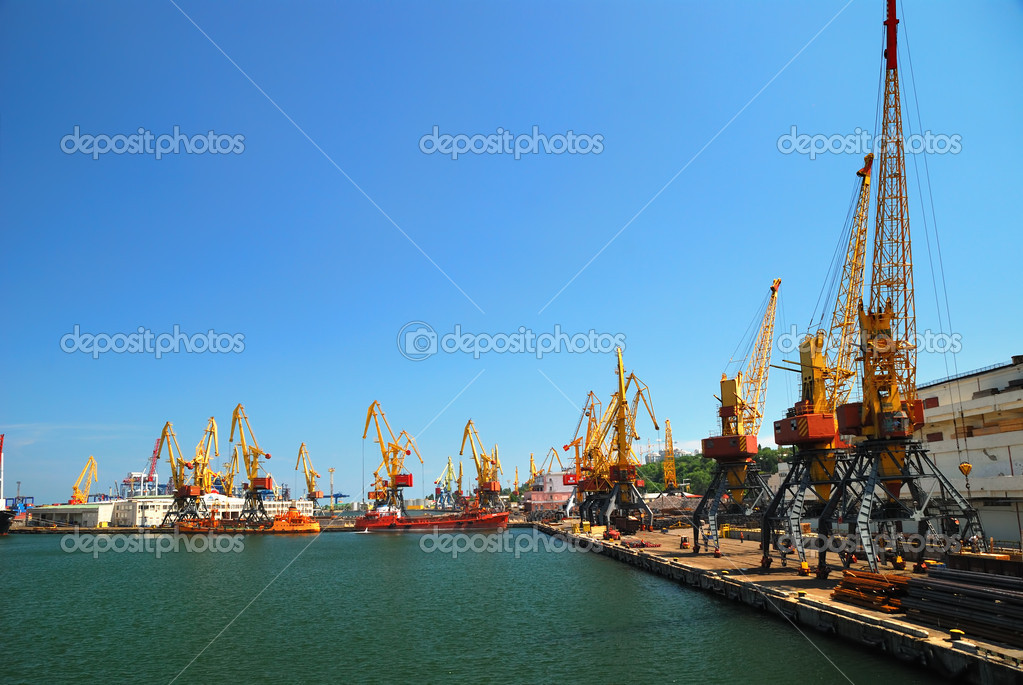 The trading seaport with cranes, cargoes and ship Stock Photo by ©soleg ...