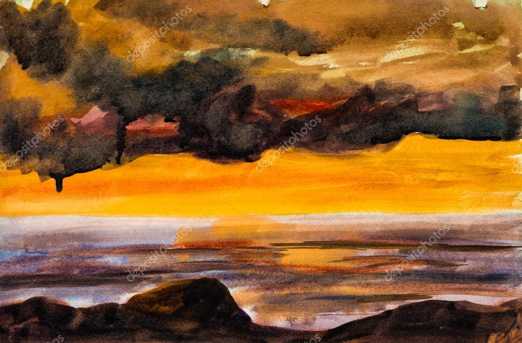 Západ slunce. Akvarel kresba — Stock fotografie #35754073