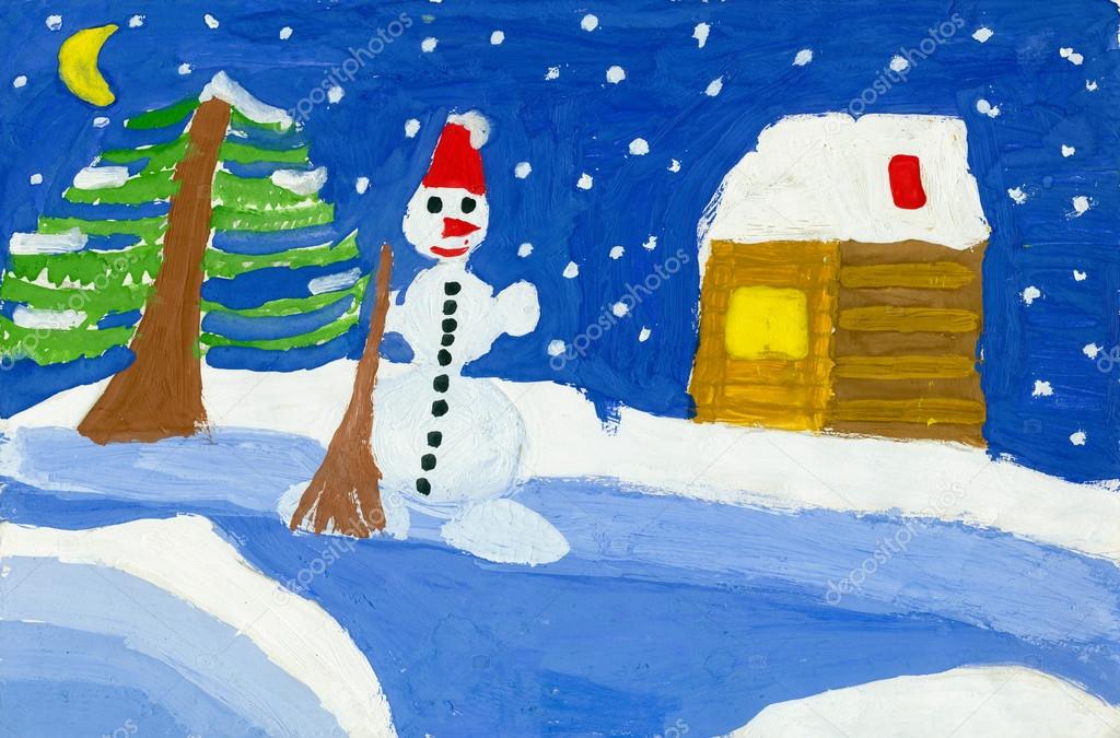 Christmas night. childish watercolor drawing Stock Illustration by ...