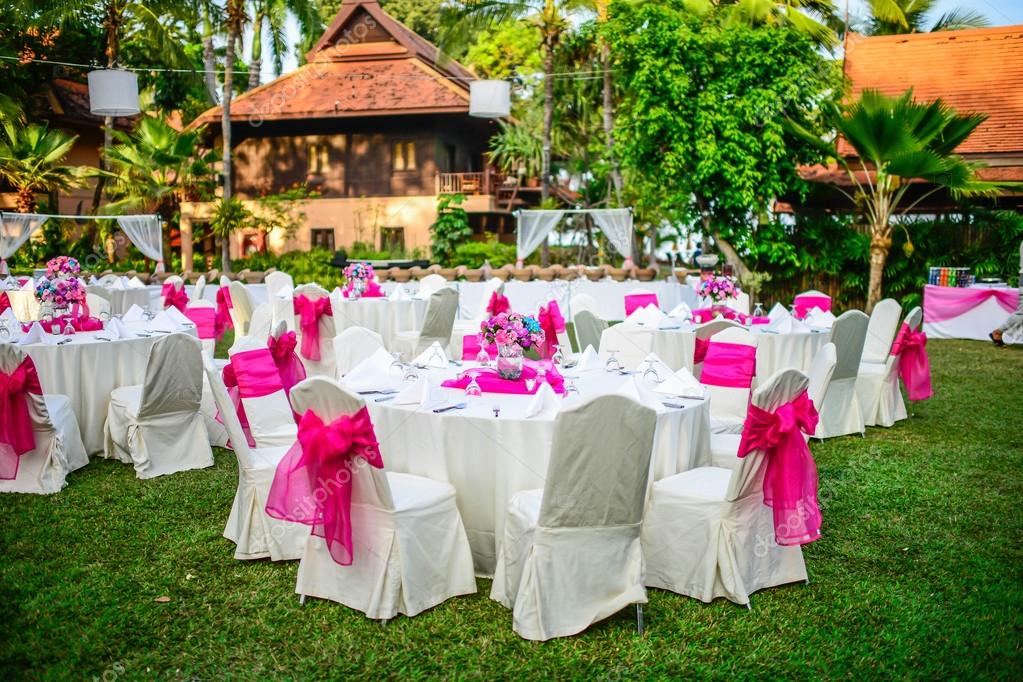 Romantic set up dinner table set for wedding dinner Stock Photo by ...