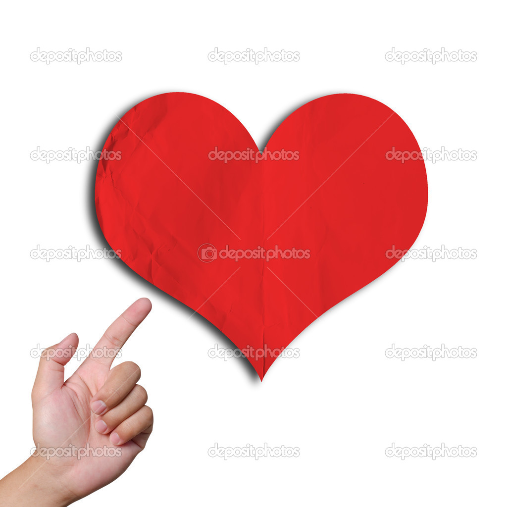 Finger pointing big red heart isolated white background — Stock Photo ...