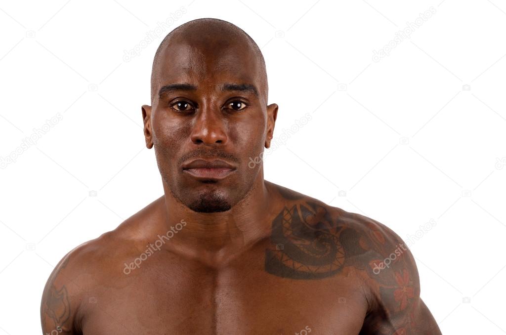 Portrait of a black bodybuilder isolated on white background. Strong ...