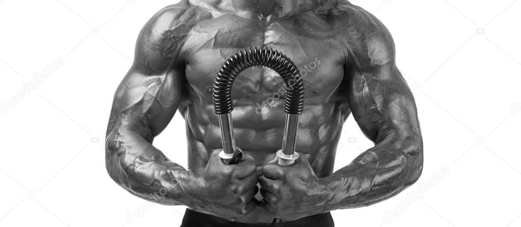 Bodybuilder training with a bendy bar. Strong man with perfect abs ...