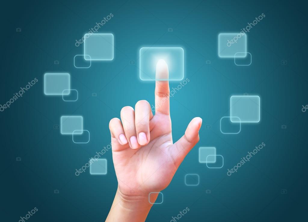 Hand pushing a button on a touch screen interface — Stock Photo ...