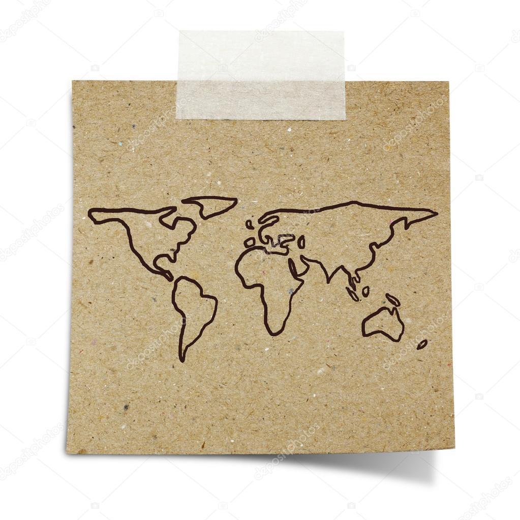 Hand draw world map on note taped recycle paper — Stock Photo ...