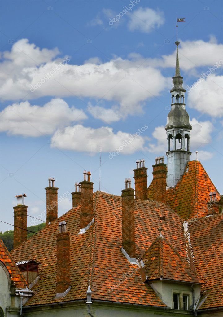 Medieval castle roof isolated over sky background Stock Photo by ...