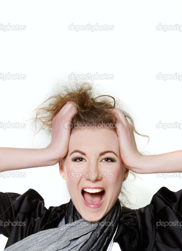 Young beautiful girl shouting loudly over white Stock Photo by ...