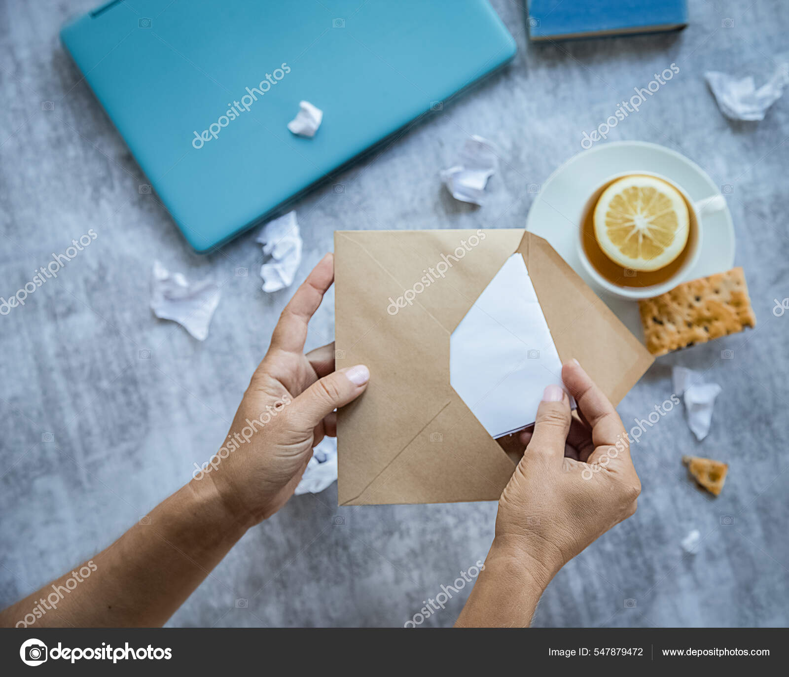 Hands Holding Letter Envelope Blank White Paper Message Plain Grey ...