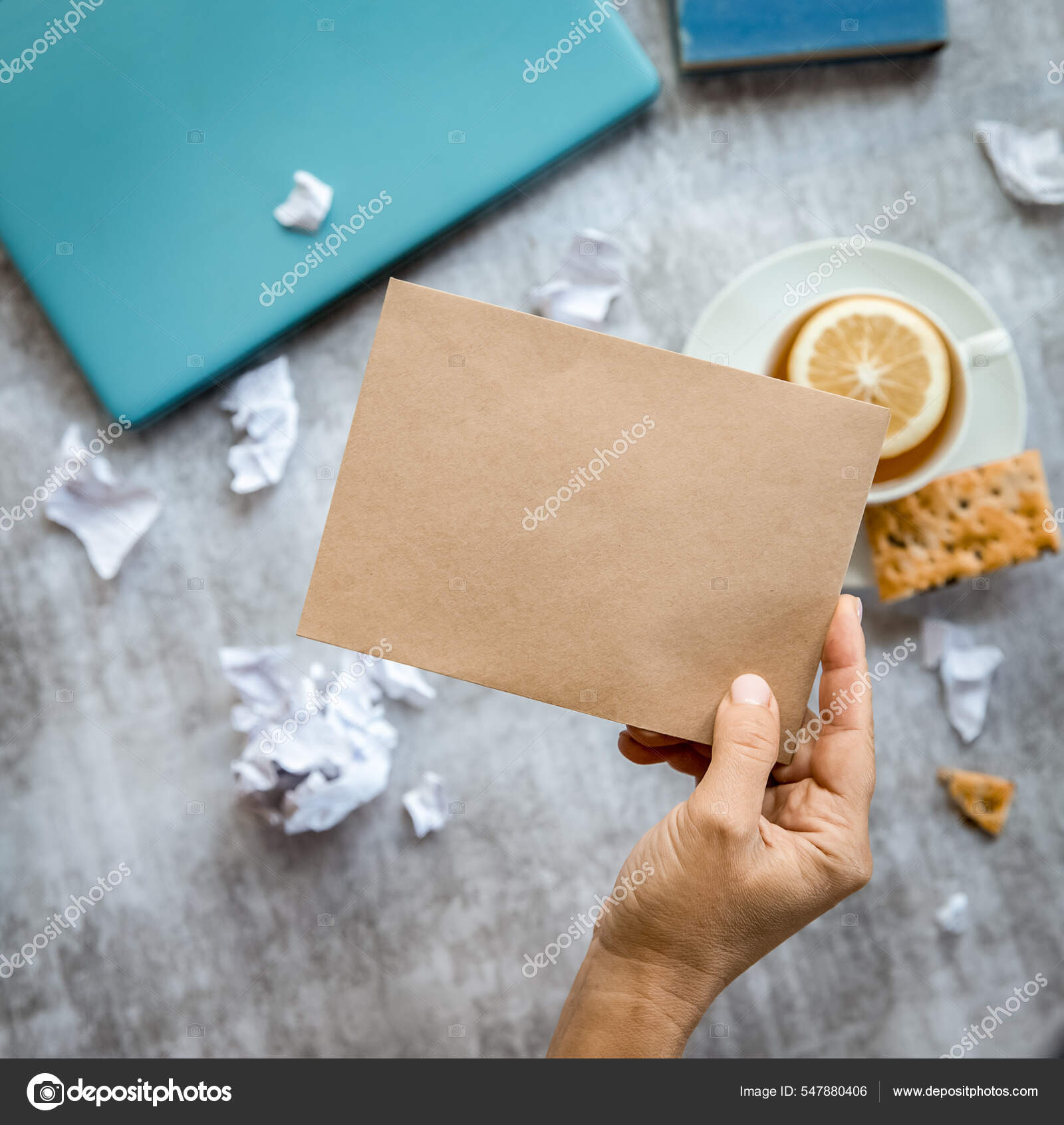 Hands Holding Letter Envelope Blank White Paper Message Plain Grey ...