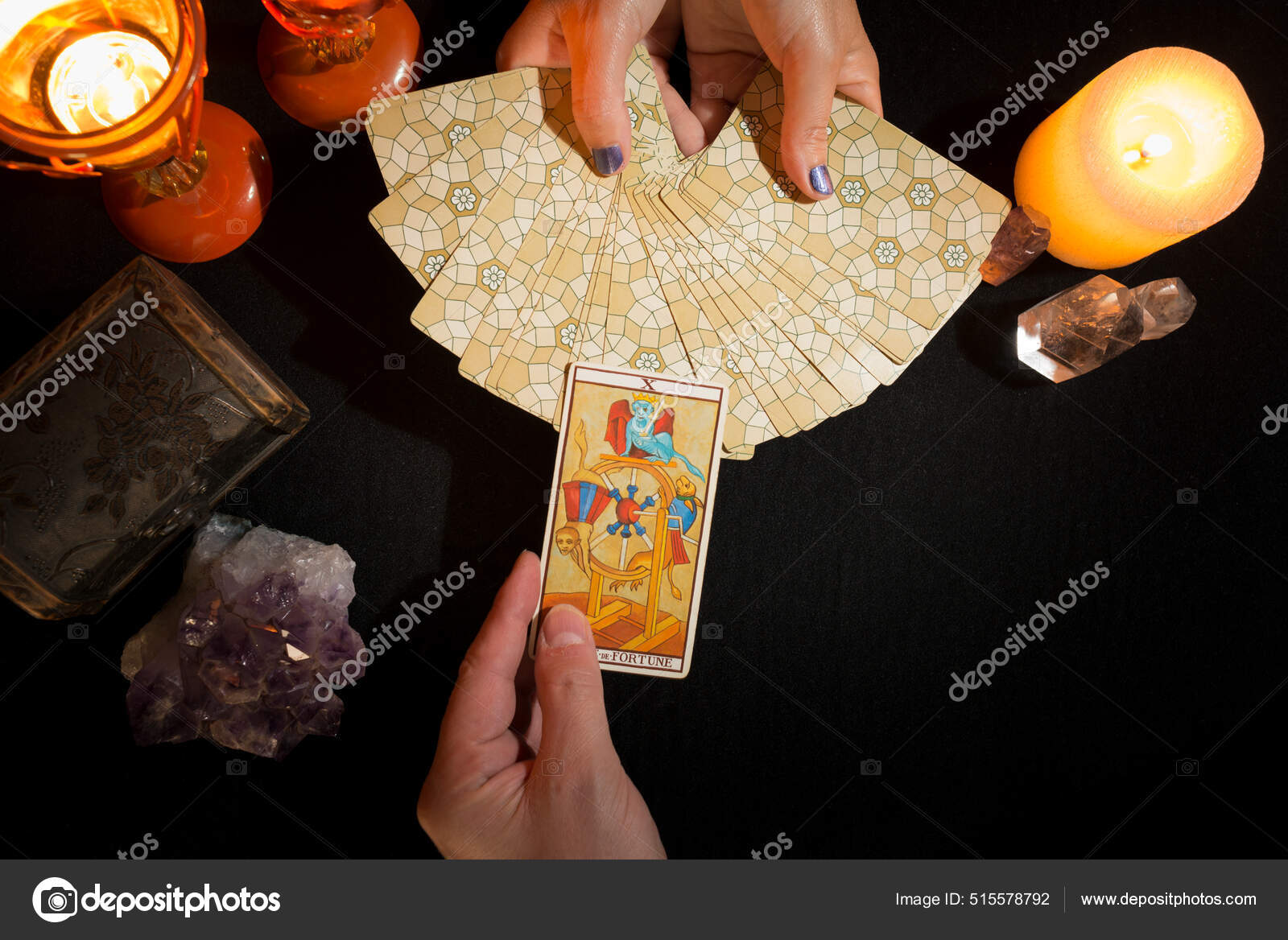 Detail Woman's Hands Showing Tarot Cards While Another Hand Shows ...