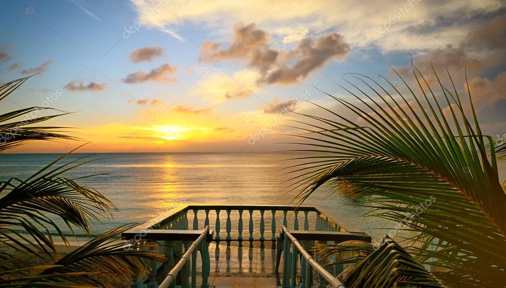 The view from the terraces of the beautiful sunset on the beach. Stock ...