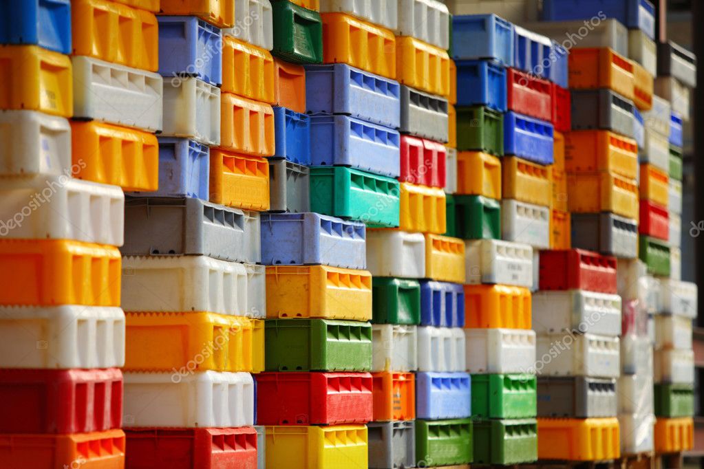 Colorful boxes plastic crates containers for fish Stock Photo by ...