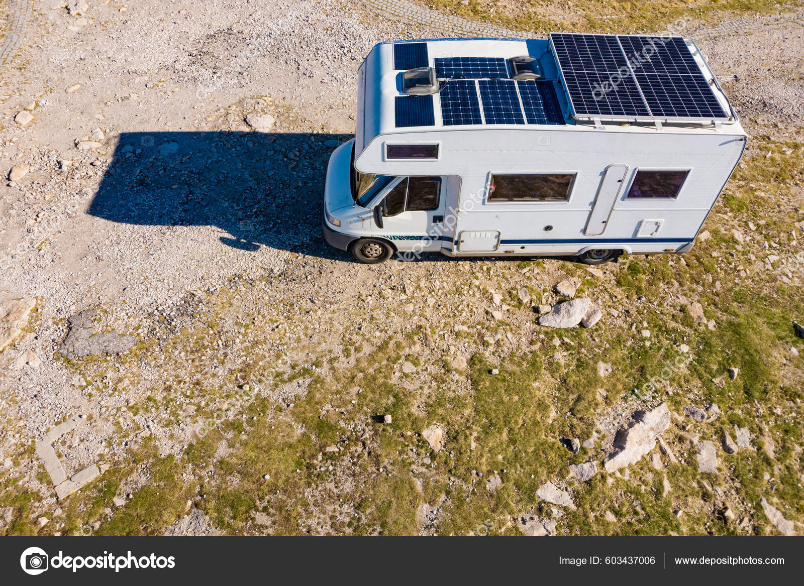 Aerial View Camper Many Solar Photovoltaic Panels Roof Camping Nature ...