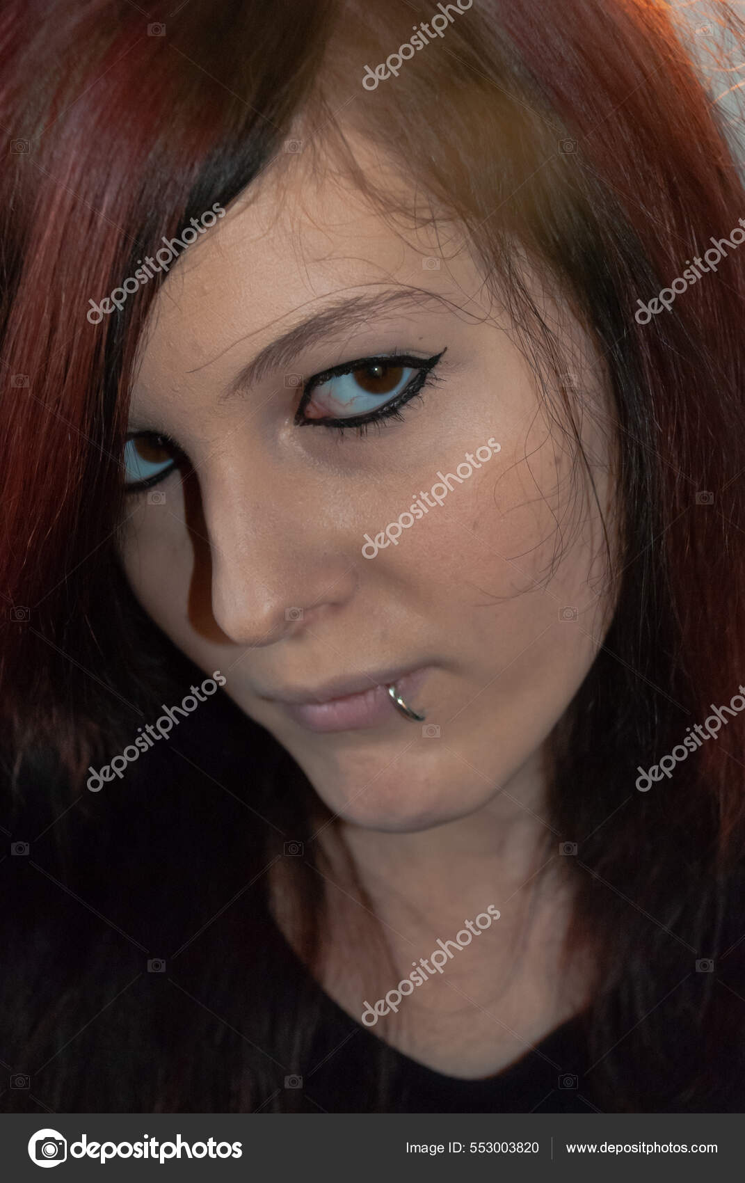 Young Punk Emo Girl Piercing Red Black Hair Looking Camera — Stock ...