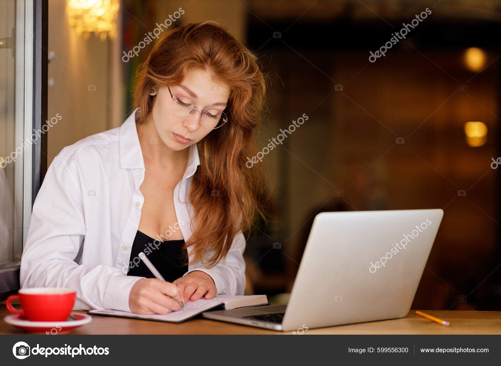 Young Beautiful Female Student Studying Laptop Cafe Window Red Haired ...