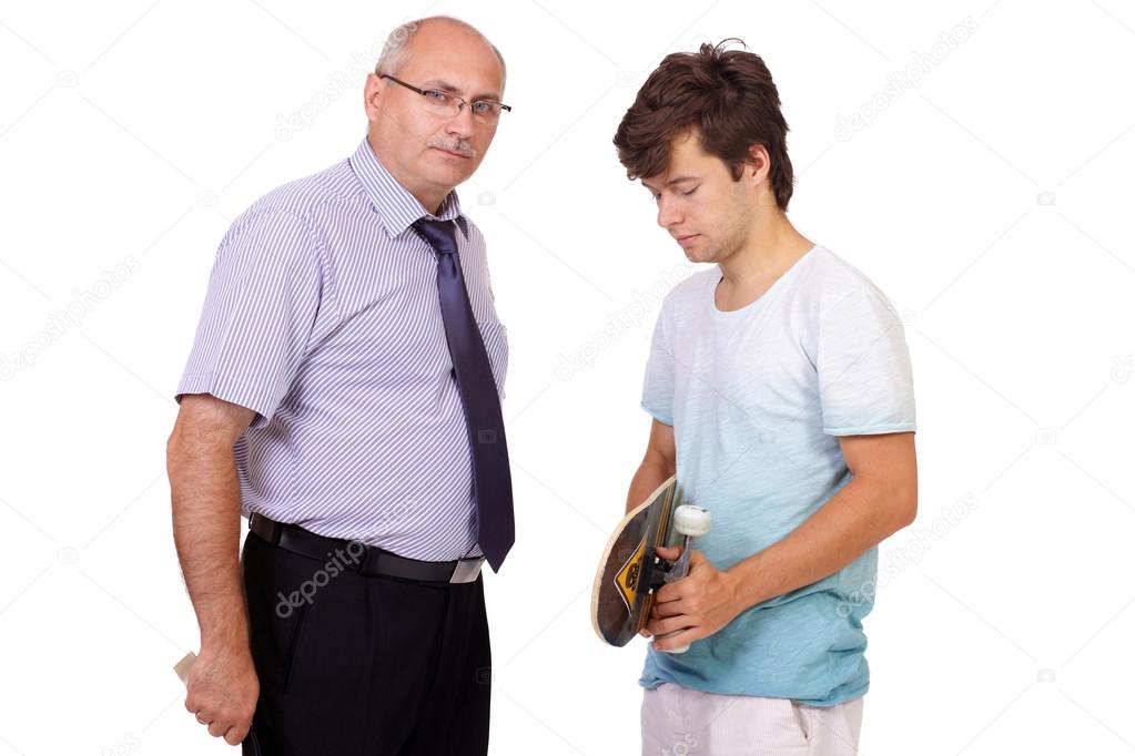 Strict father punishes his young son, isolated on white backgrou ...