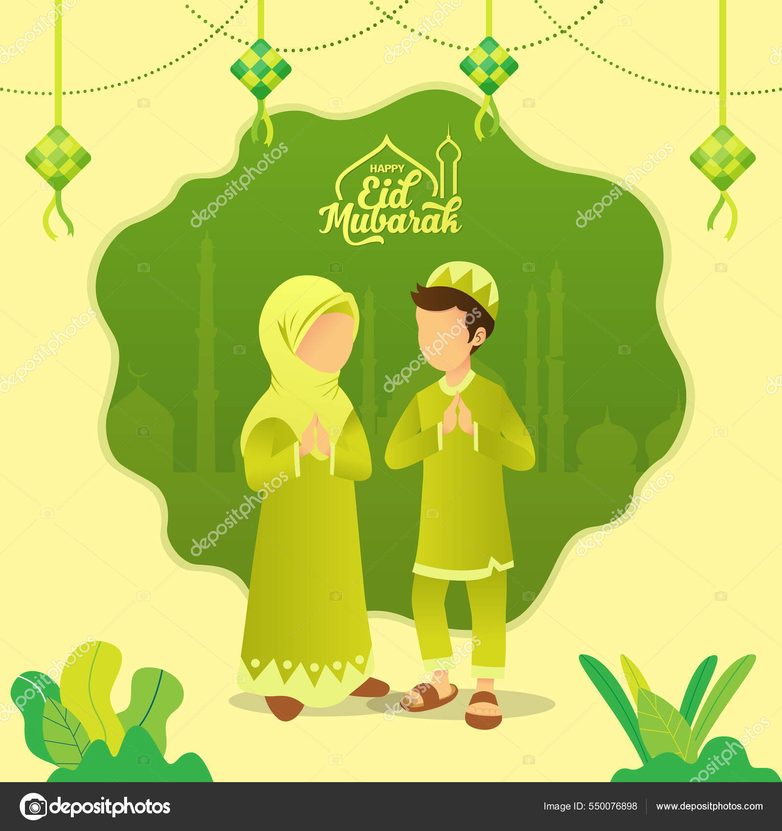 Eid Mubarak Greeting Card Cartoon Muslim Kids Celebrating Eid Fitr ...