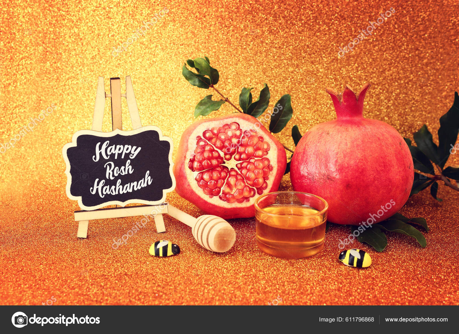 Rosh Hashanah Jewish New Year Holiday Concept Taditional Symbols Gold ...
