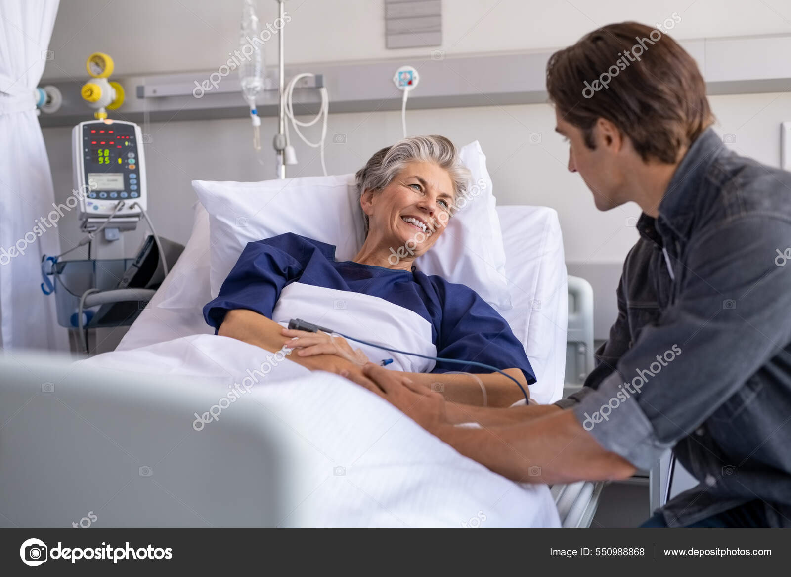 Son Visiting Sick Old Mother Hospital Smiling Senior Patient ...
