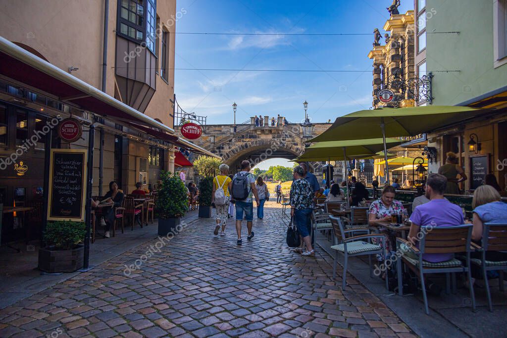 Dresden, Germany - June 28, 2022: Street view down Muenzgasse towards ...