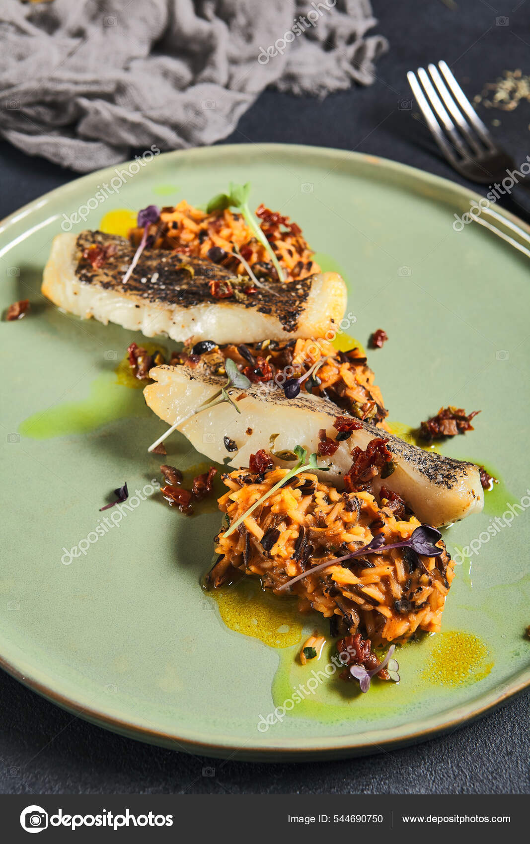 Risotto Slice Roasted White Fish Green Plate Black Background Grilled ...