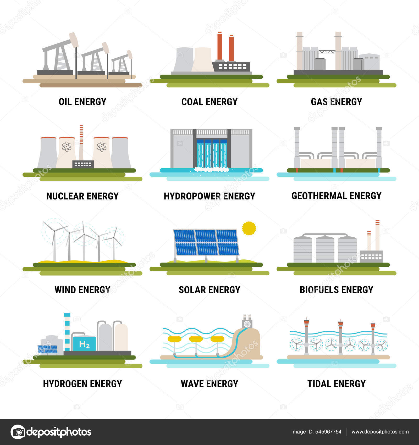 Set Electricity Generation Source Type Icons Nonrenewable Energy ...