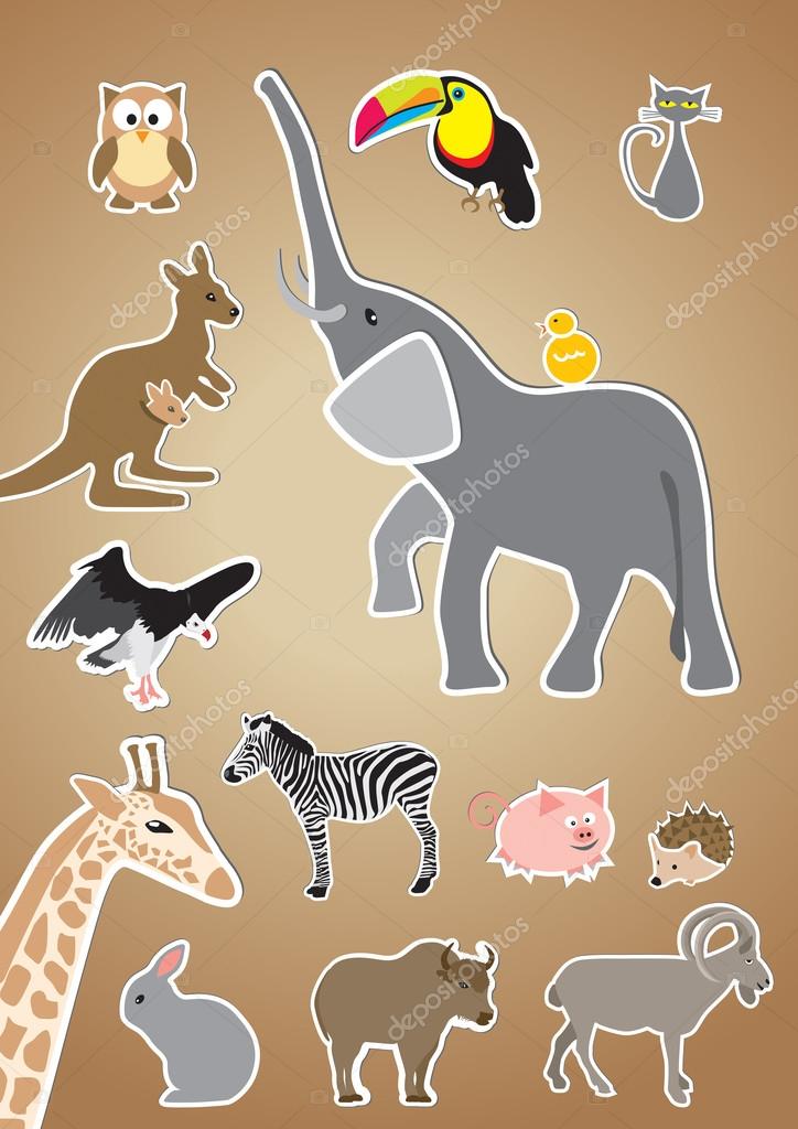 Cartoon style animals: owl, toucan, cat, elephant, kangaroo, vol Stock ...