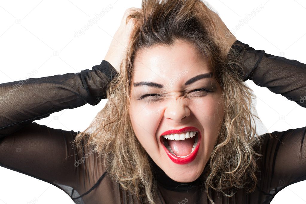 Passionate aggressive woman cry on isolated white background — Stock ...