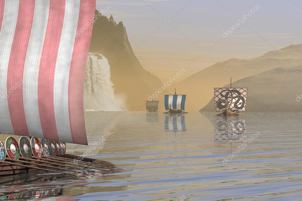Viking Longships in a Norwegian Fjord — Stock Photo © algolonline #28023223