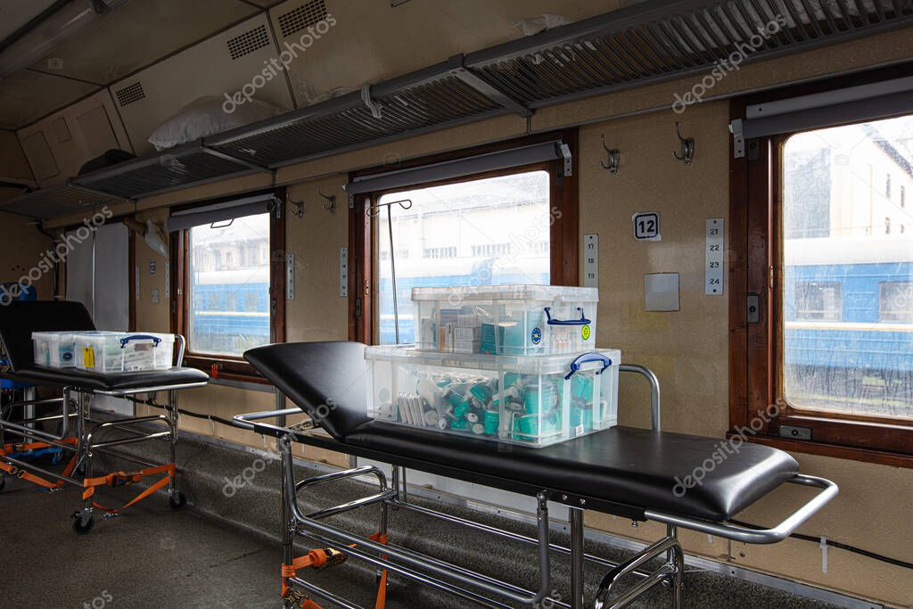Lviv, Ukraine - April 26, 2022: New re-equipped evacuation medical train of MSF and ...