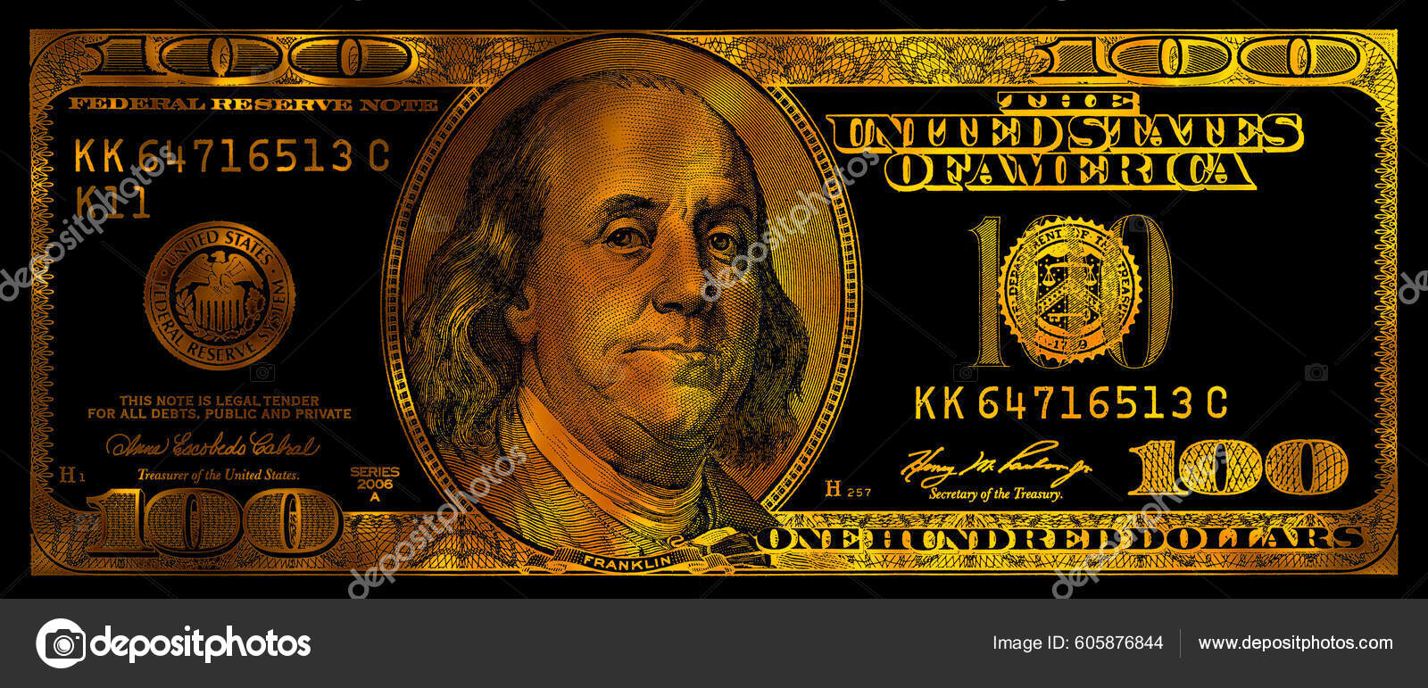 Billete 100 Dólares Con Textura Dorada Fondo Negro Para Fines — Foto de ...