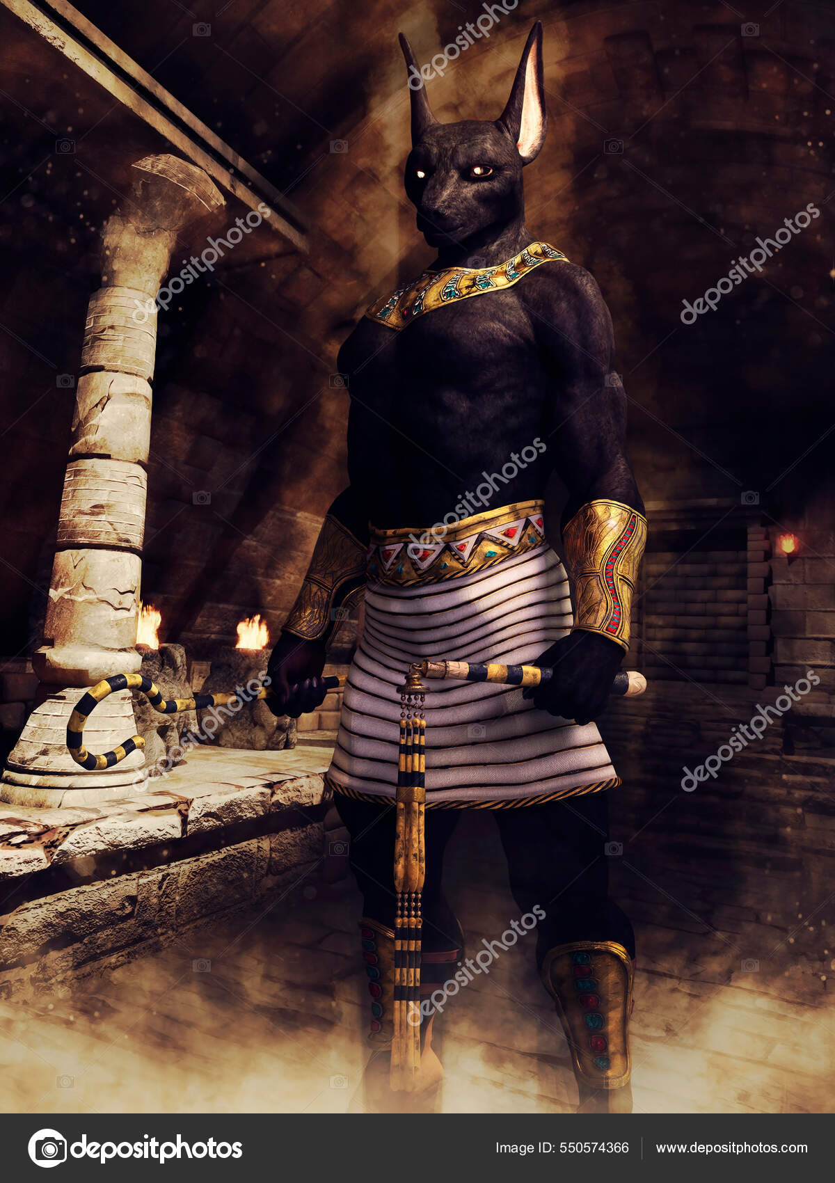 Egyptian God Anubis Standing Front Stone Column Ancient Temple Render ...