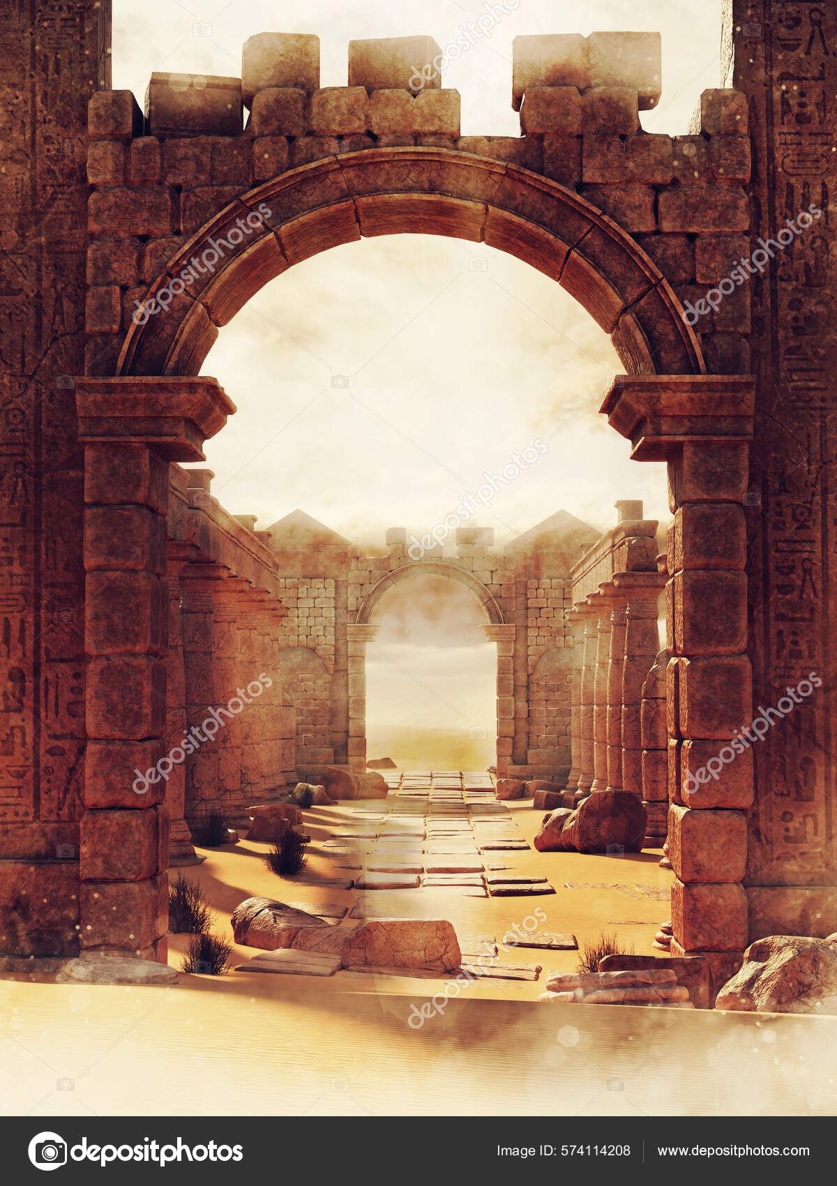 Fantasy Scene Arch Ruined Ancient Egyptian Temple Desert Render Stock ...