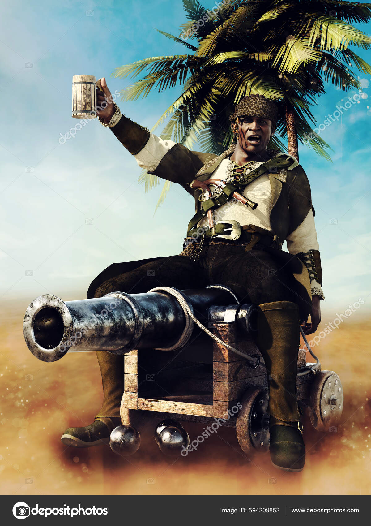 Fantasy Scene Pirate Drinking Rum Sitting Cannon Palm Tree Render ...