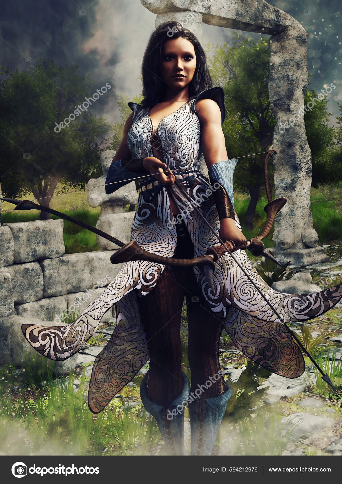 Fantasy Woman Archer Standing Bow Front Ruined Temple Forest Render ... Fantasy Woman Archer Standing Bow Front Ruined Temple Forest Render ...