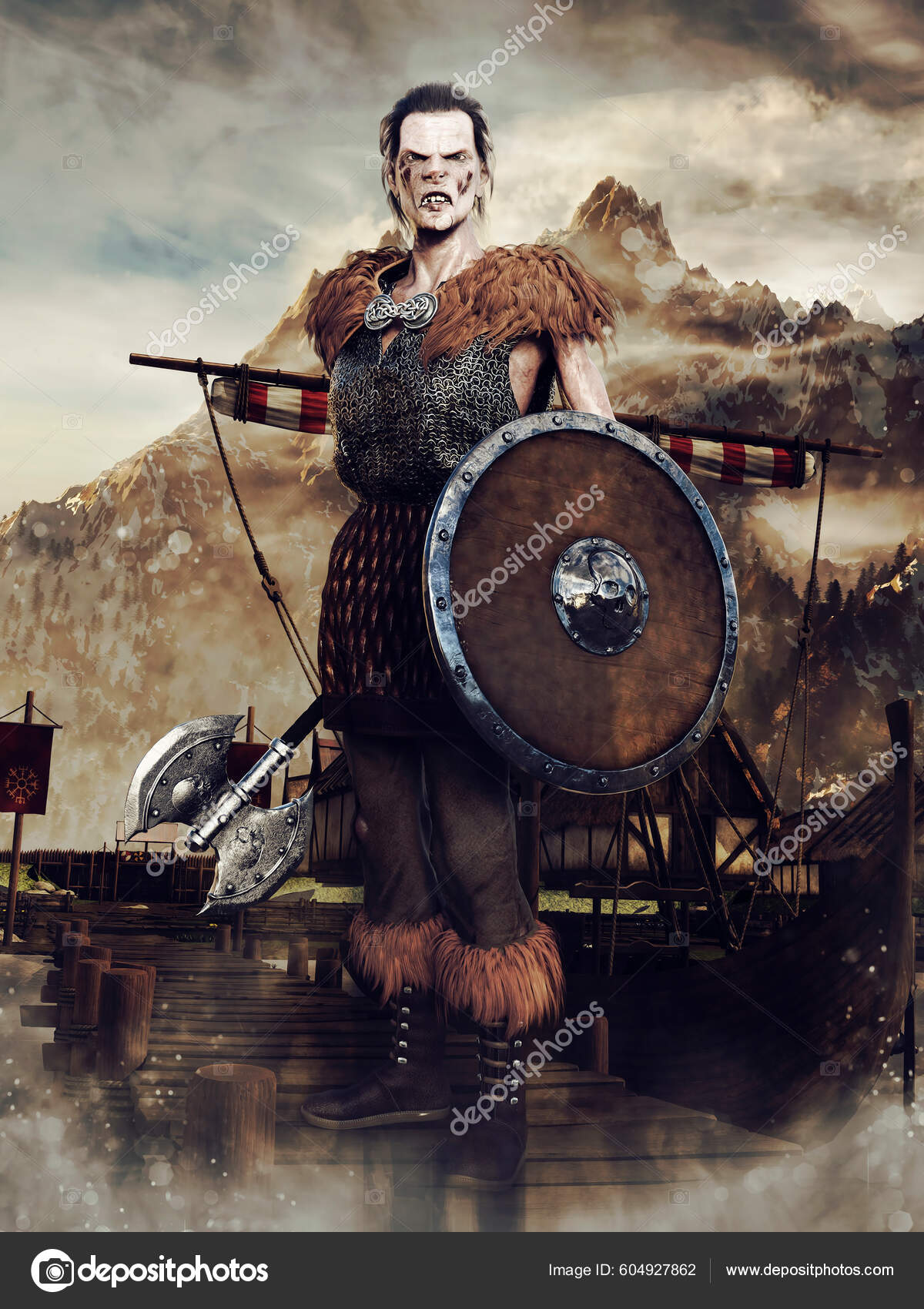 Fantasy Scene Zombie Viking Standing Wooden Pier Next Boat Render ...