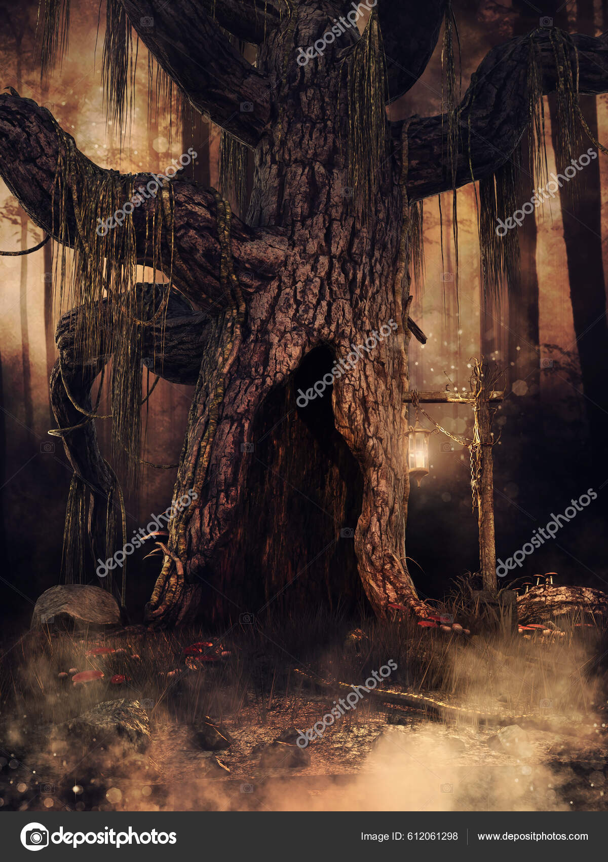 Night Scene Old Tree Entrance Underworld Lamp Render Stock Photo by ...
