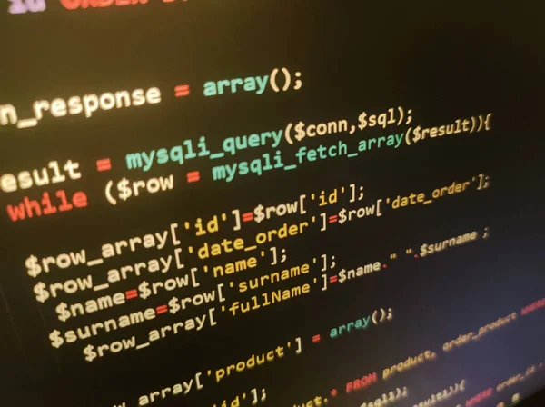 Abstract screen code background. Technology development concept texture. PHP program language ...