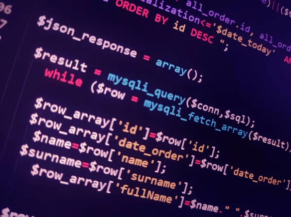 Abstract screen code background. Technology development concept texture. PHP program language ...