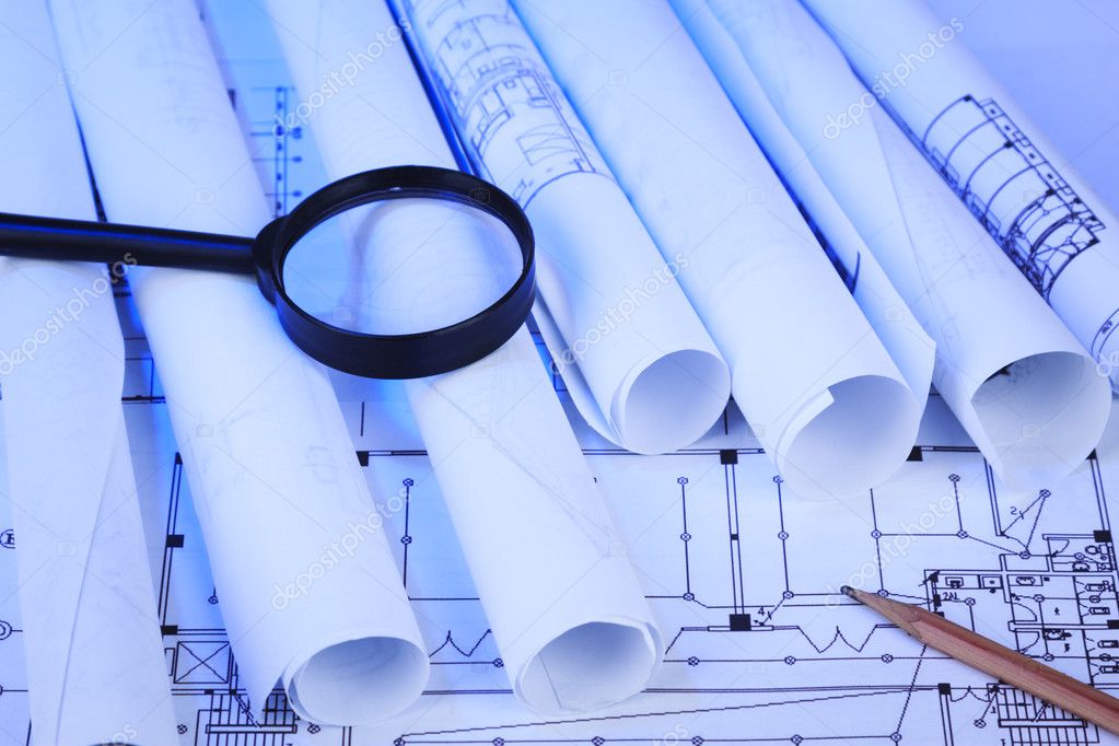 Magnifying glass and blueprint — Stock Photo © snvv #22358933